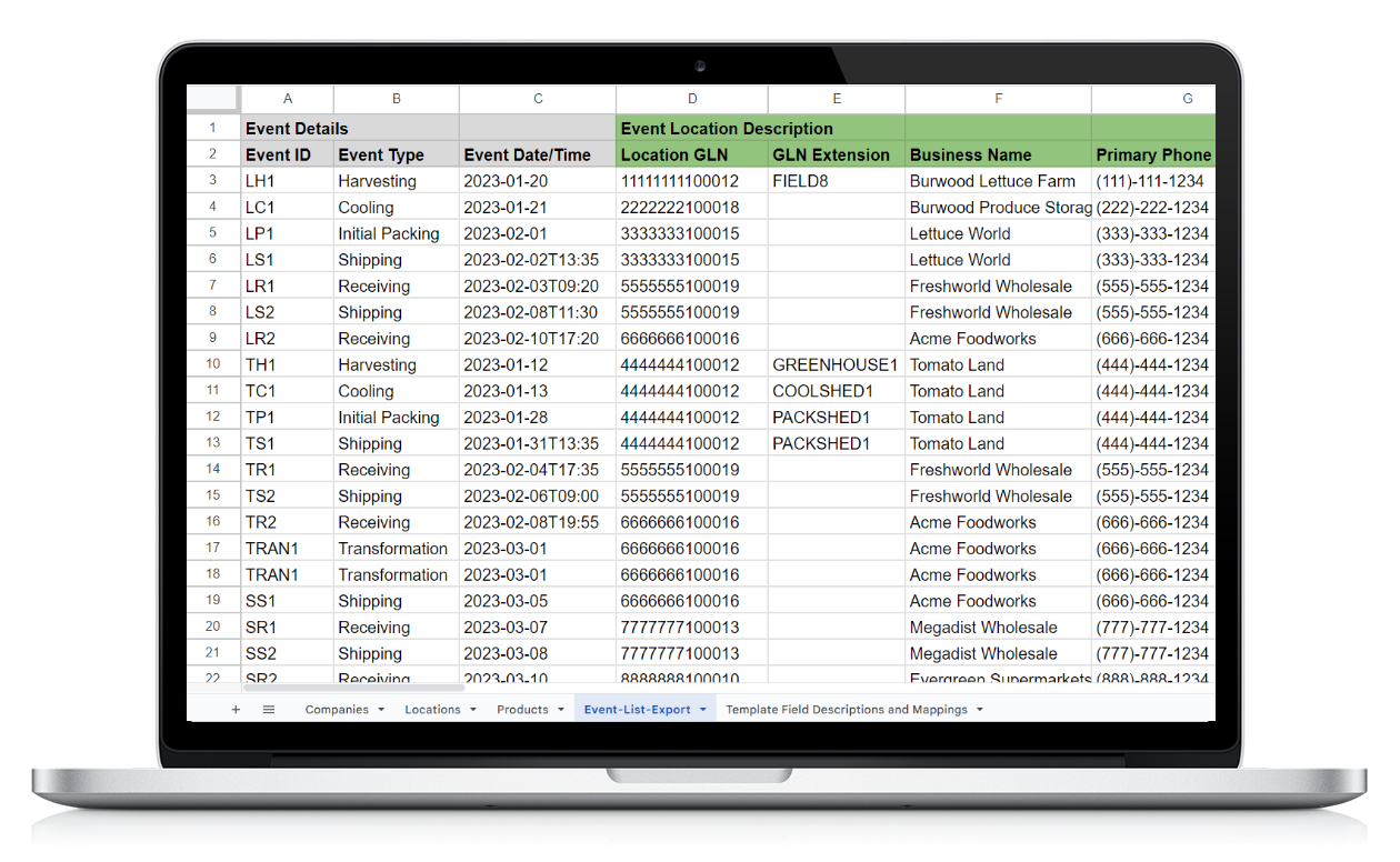 FSMA 204 Sortable Spreadsheet Example Download